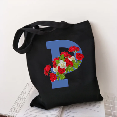 P-Letter Canvas Shoulder Tote Shopping Bag With Flower : Non-Brand ...